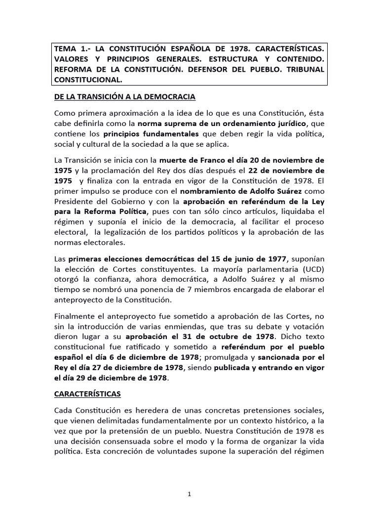 Tema 1 La Constitución Española de 1978. Características. Valores y Principios Generales ...