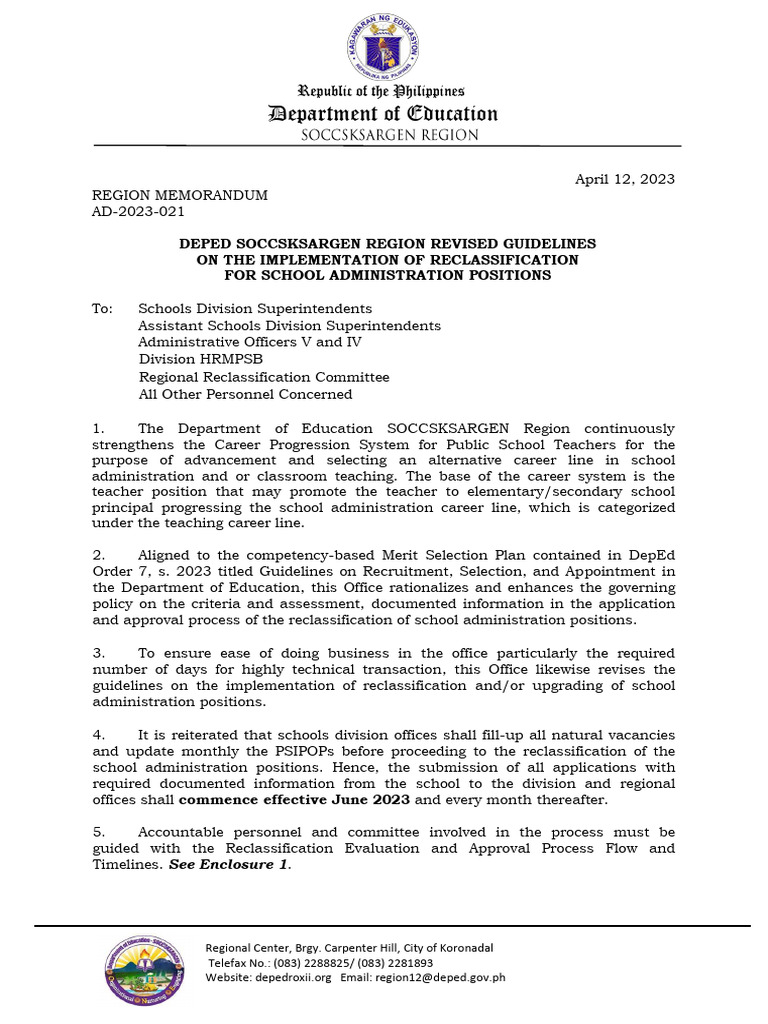 Region Memorandum AD 2023 021 REVISED GUIDELINES ON RECLASSIFICATION OF ...