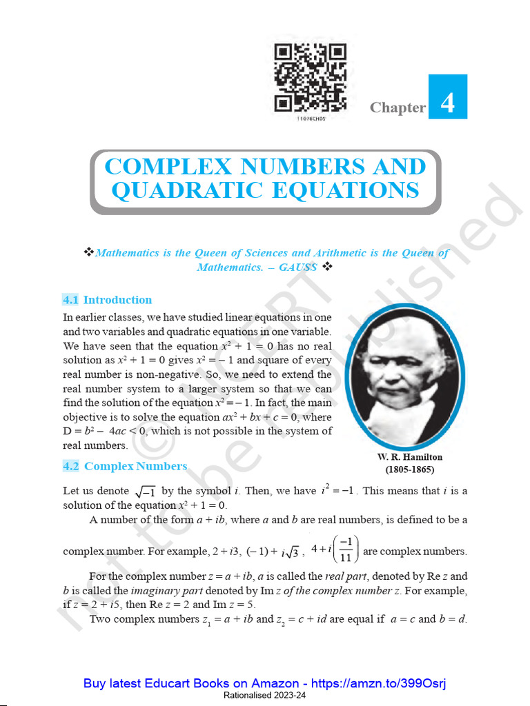 Complex Numbers and Quadratic Equations | PDF | Equations | Applied ...