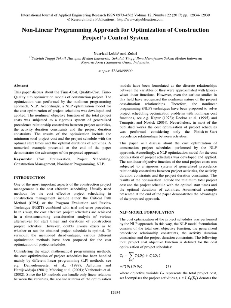 Non Linear Programming Approach For Optimization of Construction Project Control System | PDF ...