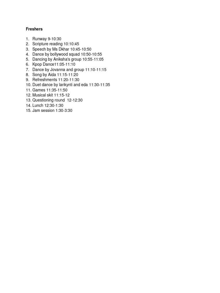 Freshers Event Schedule Highlights | PDF