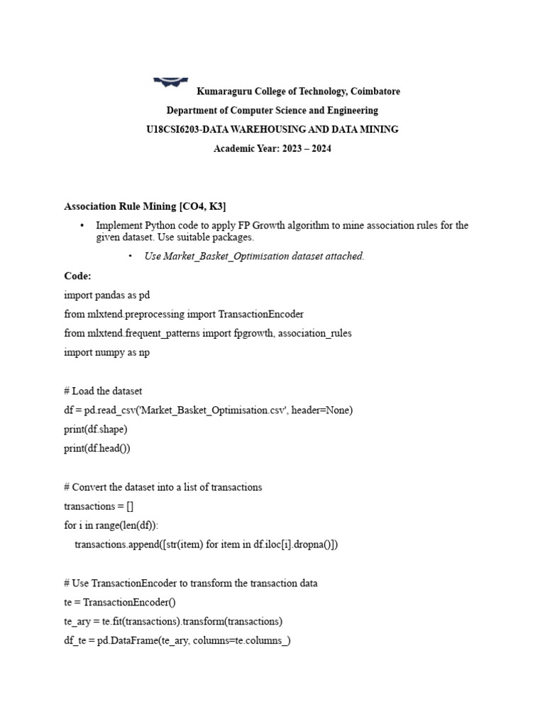 FP-Growth Algorithm for Market Basket Analysis | PDF