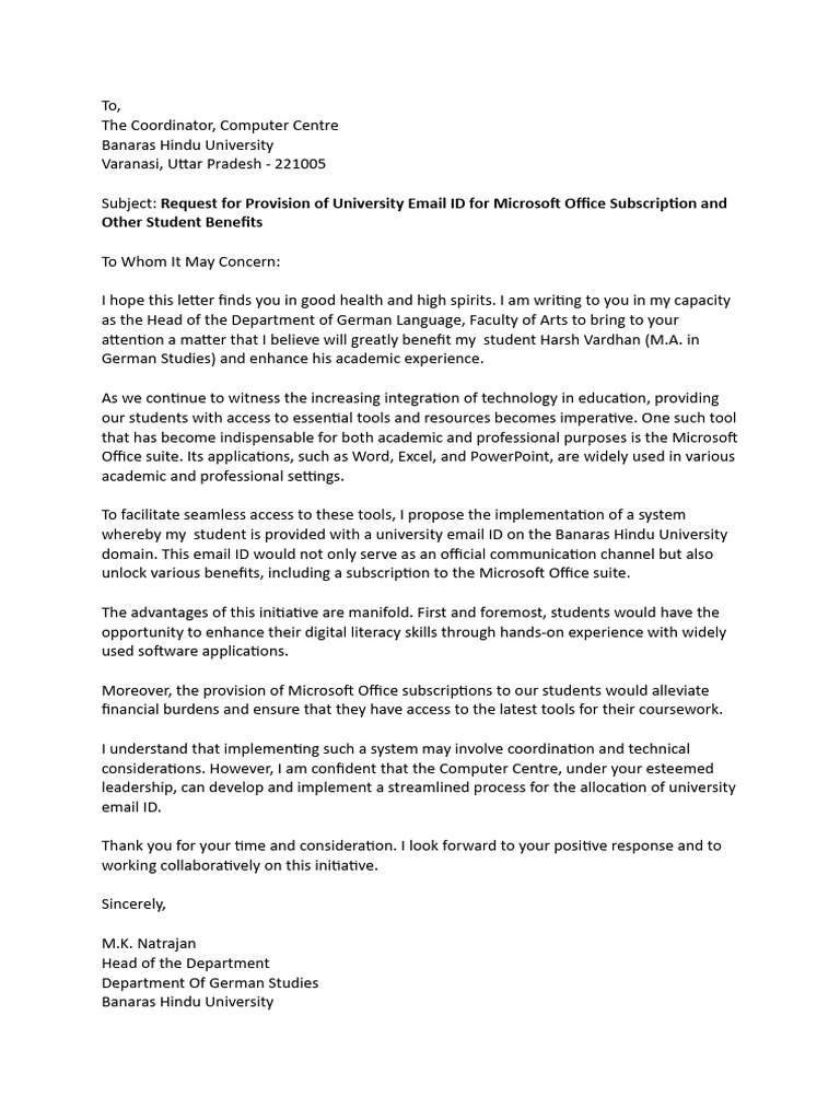 Request Letter Email BHU Domain | PDF