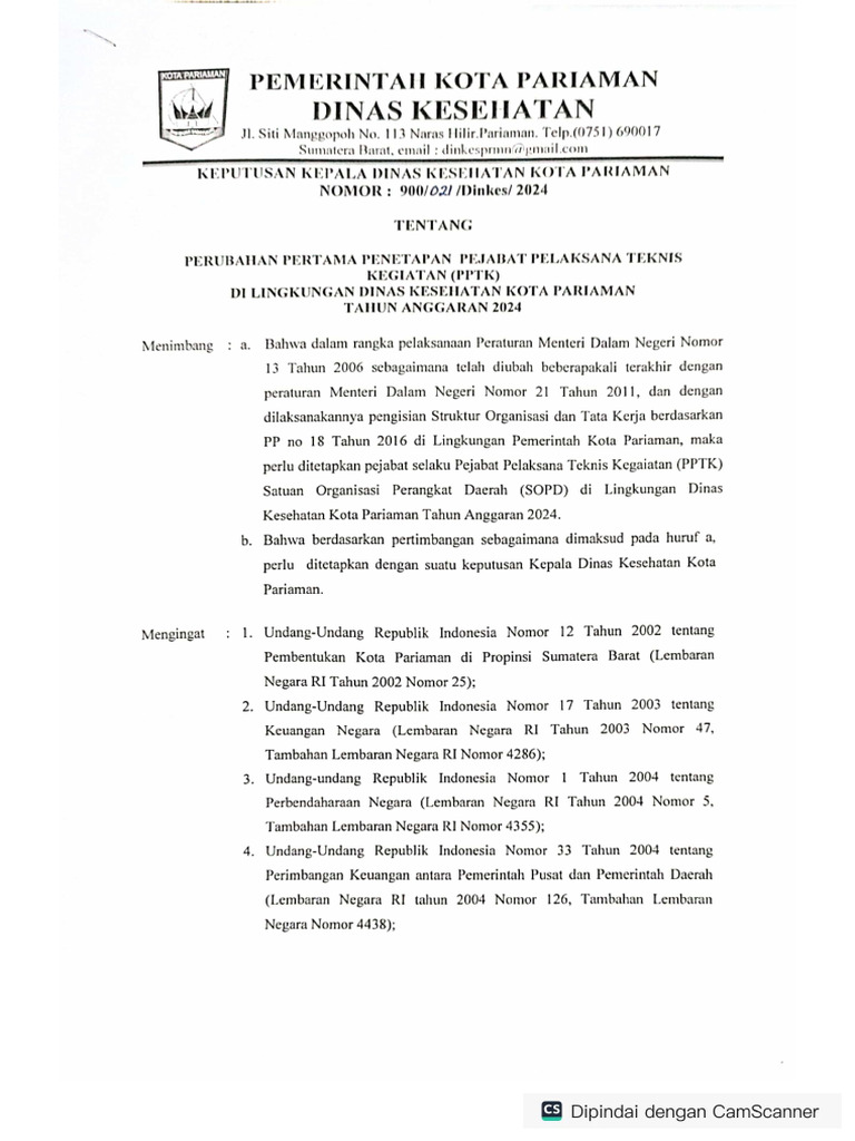 SK Perubahan Pertama PPTK Dinkes | PDF