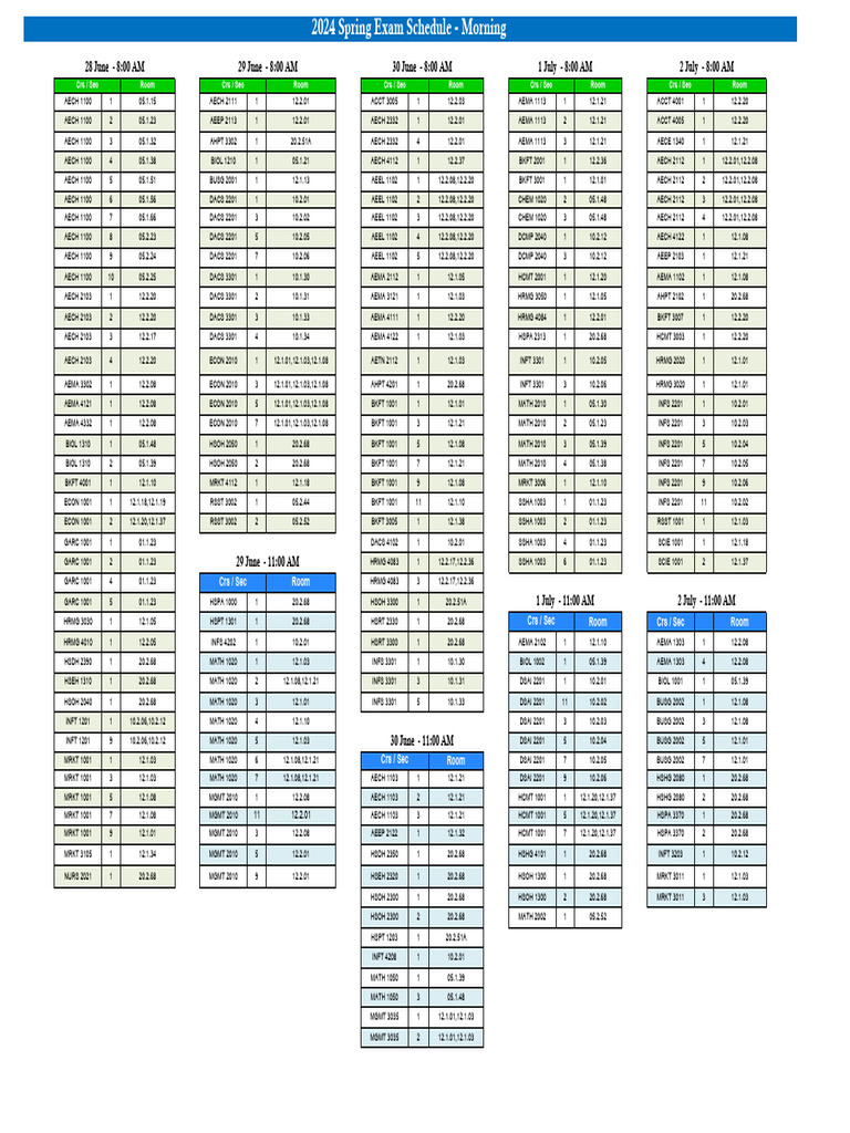 Spring 2024 Exam Schedule - Poster | PDF