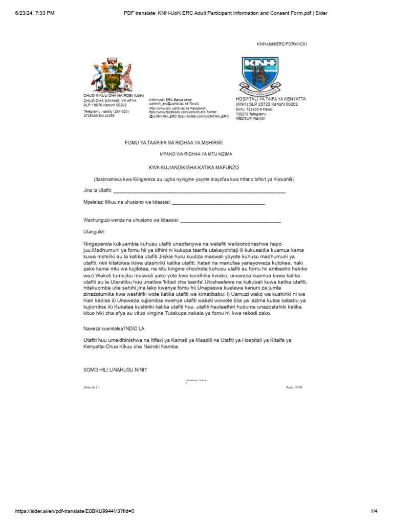 PDF translate_ KNH-UoN ERC Adult Participant Information and Consent ...