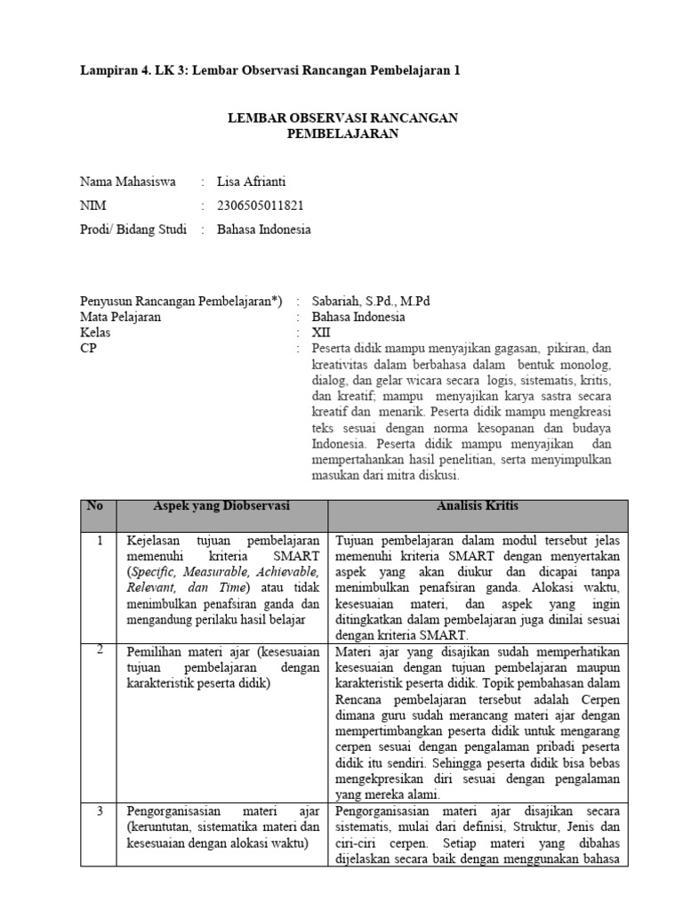 Lampiran 4. LK 3 Lembar Observasi Rancangan Pembelajaran 1 Topik 3 | PDF | Karier & Perkembangan ...