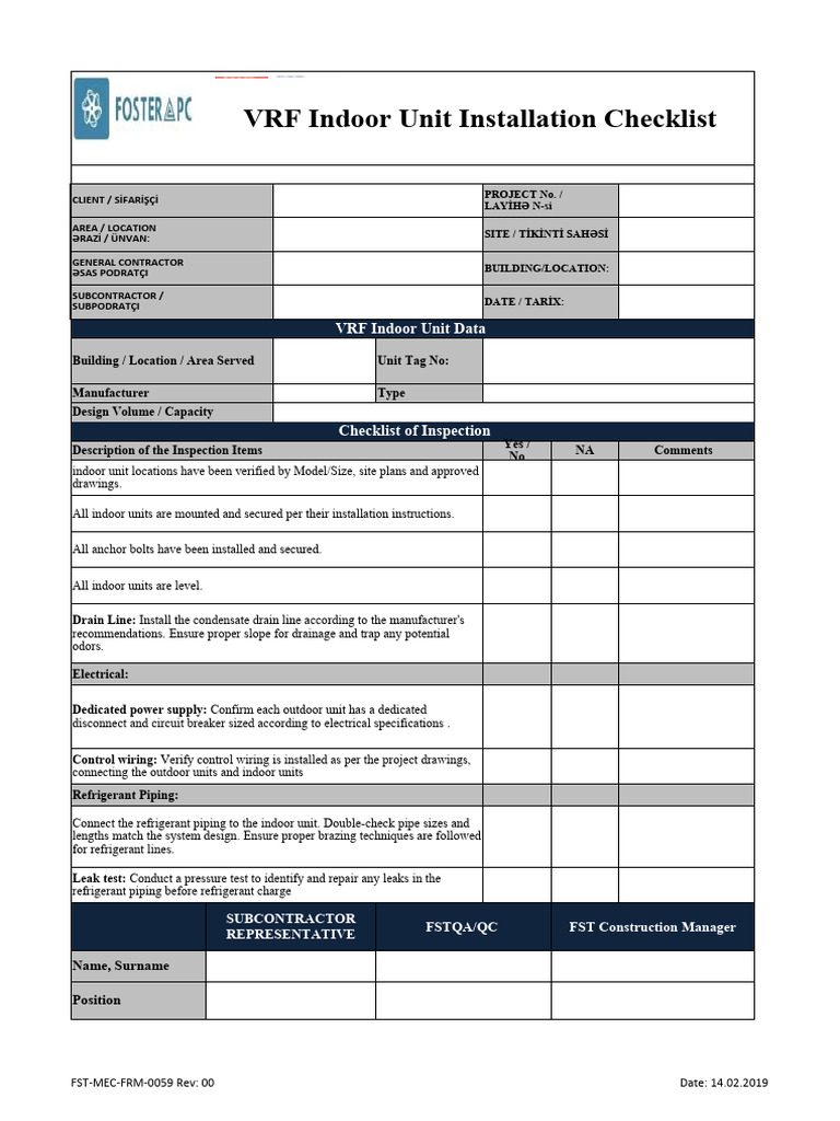VRF Indoor Unit Installation Checklist | PDF | Home Appliance | Building Engineering