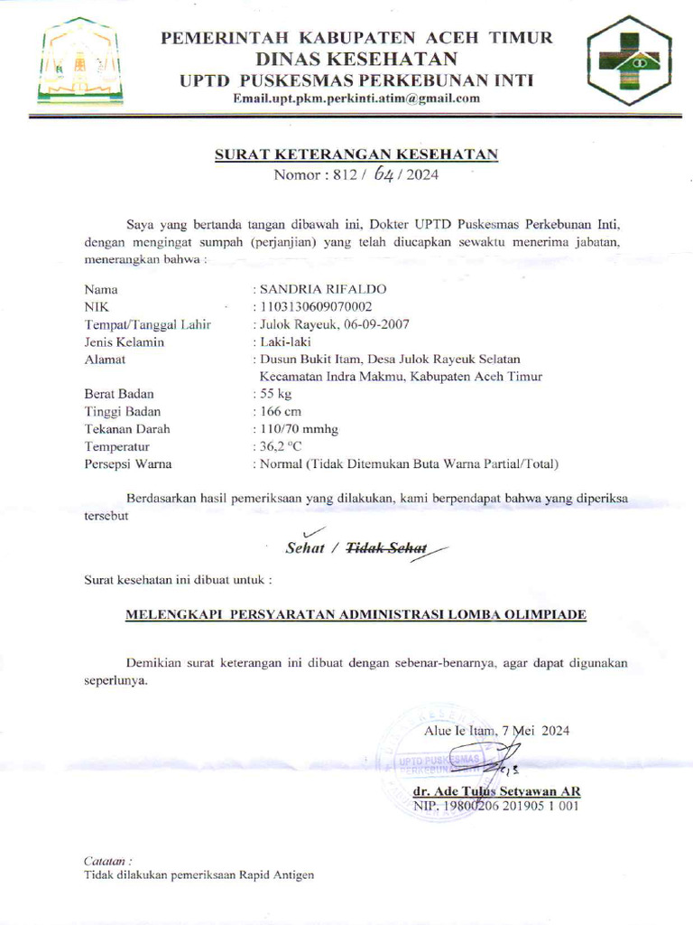 Surat Keterangan Tidak Buta Warna | PDF
