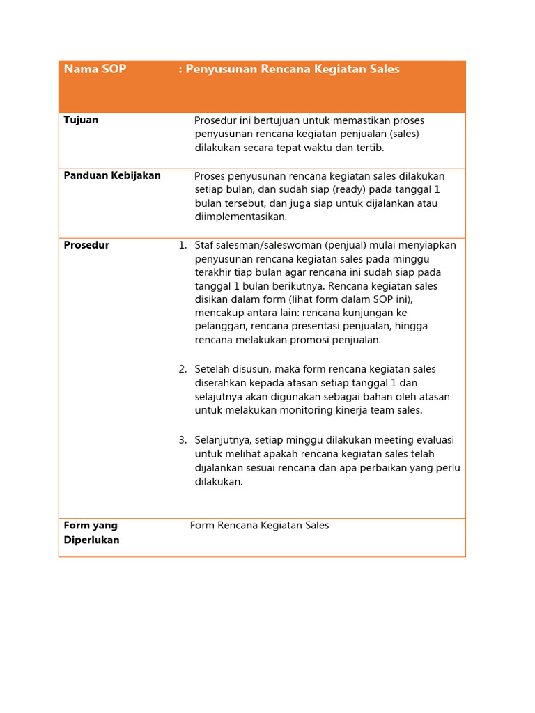 01 - SOP Penyusunan Rencana Kegiatan Sales | PDF