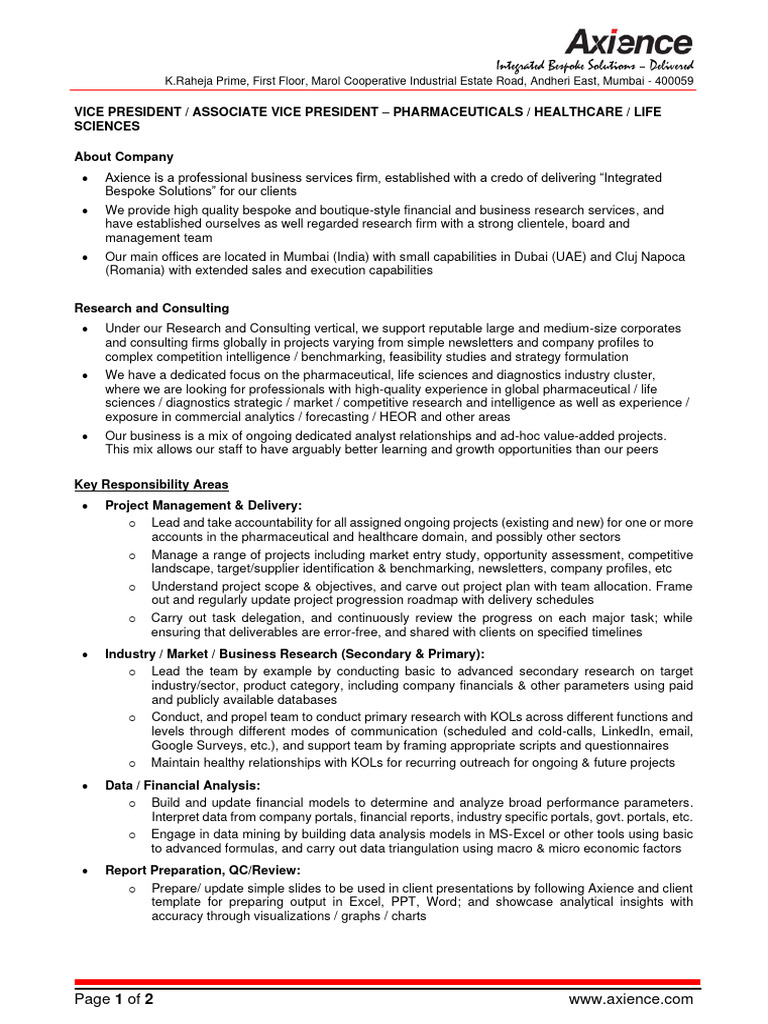 Axience Job Description VP AVP Pharmaceuticals and LifeSciences | PDF ...
