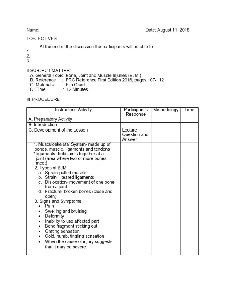 Lesson Plan Sample | PDF | Musculoskeletal Disorders | Traumatology