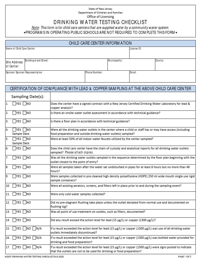 Drinking Water Testing Checklist: Sampling Date(s) | PDF | Home ...