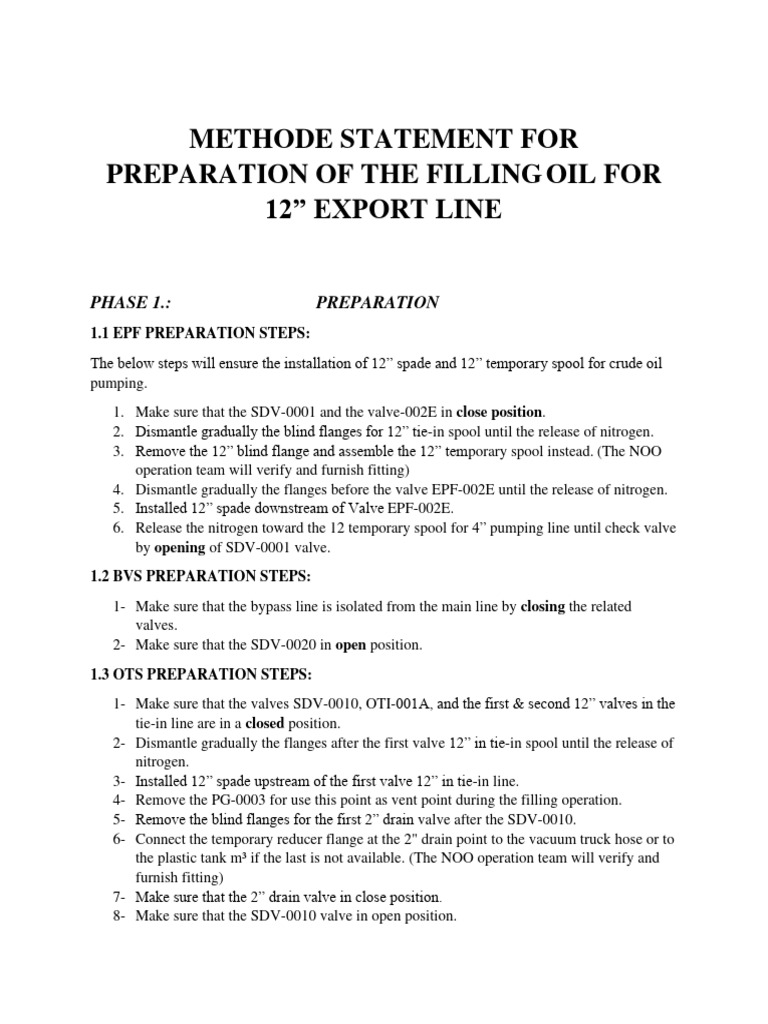 Crude Oil Filling Method Statement | PDF | Valve | Mechanical Engineering