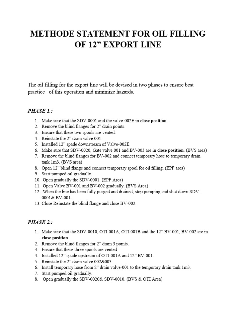 Oil Filling Method Statement for Export Line | PDF | Valve | Mechanical ...
