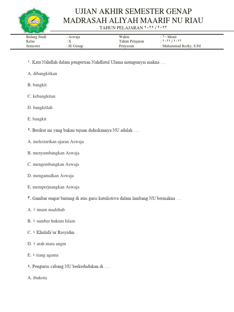 Aswaja X (Genap) 2022.2023 | PDF