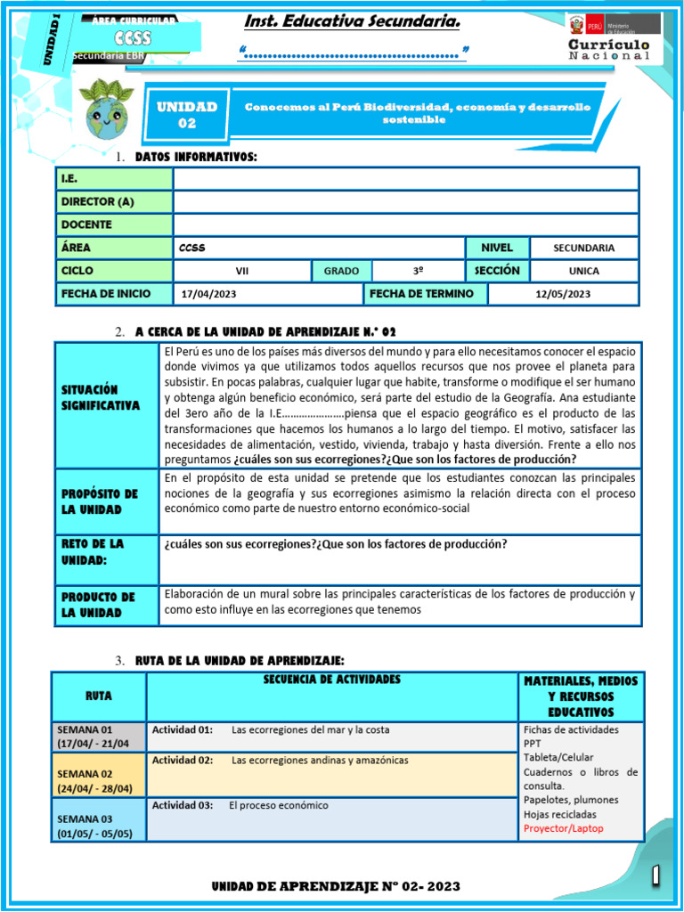 3º UNIDAD 2 CCSS -2023 | PDF | Aprendizaje | Perú