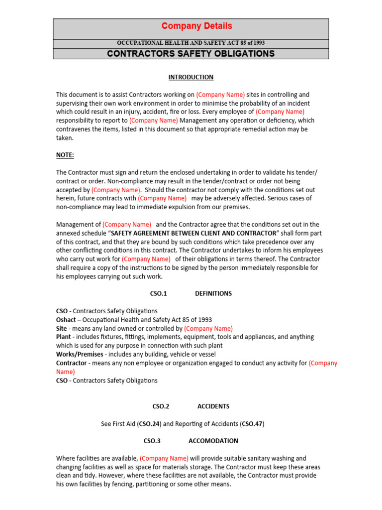 Safety Agreement Between Client and Contractor (Cso) Template - Doc ...