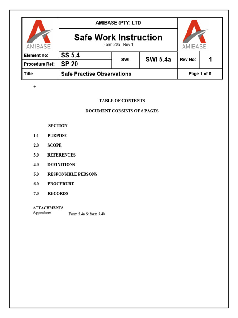 SWI 5.4a - Safe Practise Observations | PDF | Risk | Occupational ...