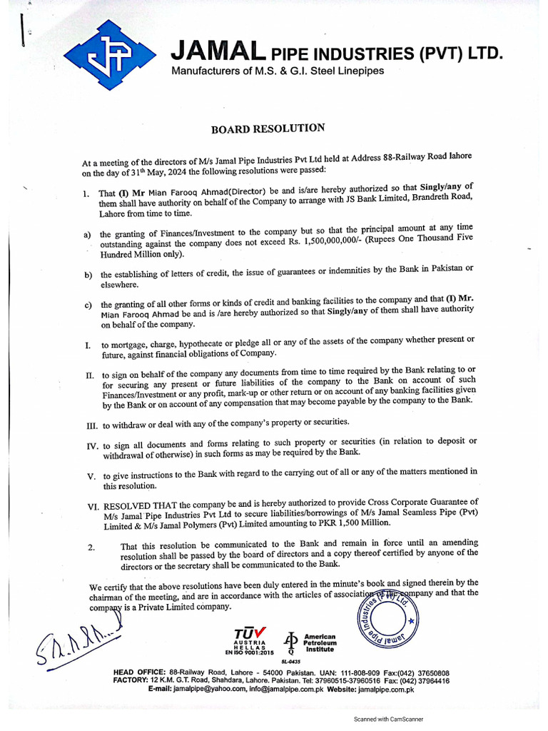Board Resolution Jamal Pipe | PDF