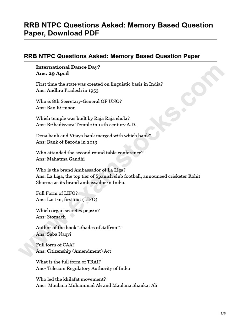 RRB NTPC Memory-Based Question Paper | PDF
