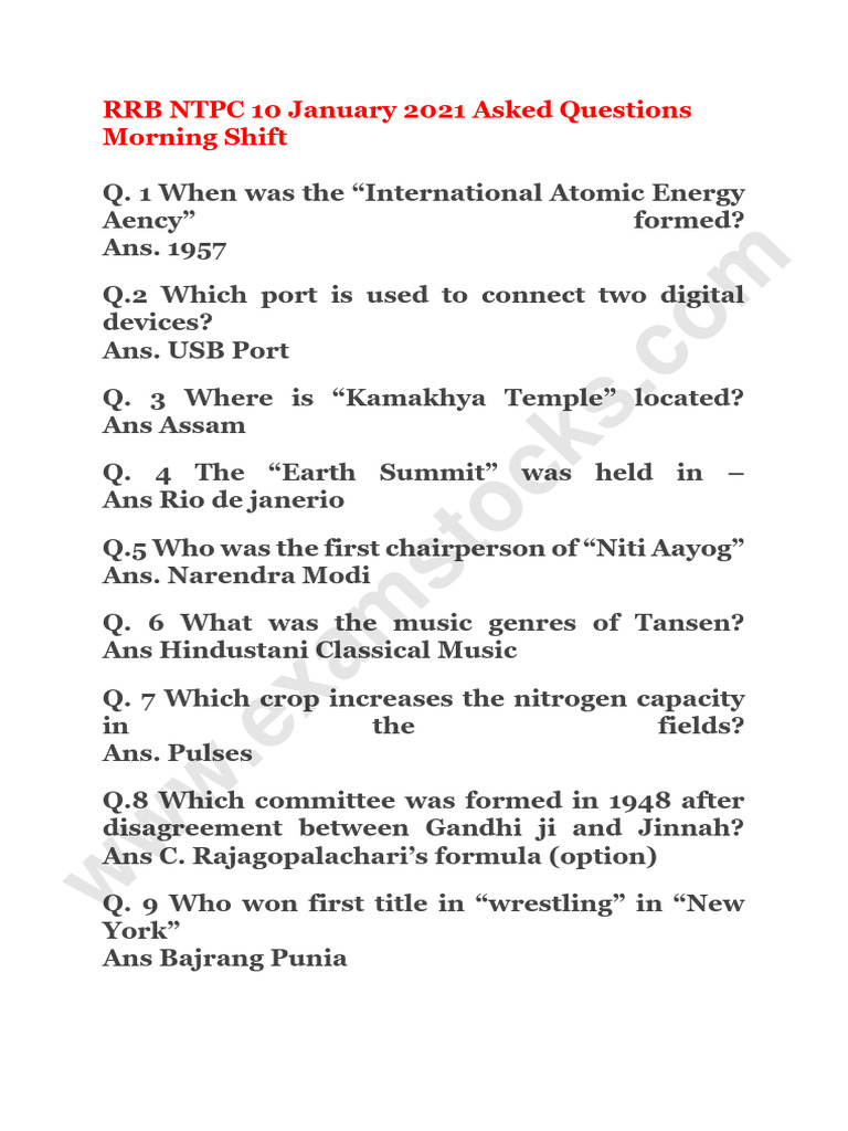 RRB NTPC 10 January 2021 Question Paper PDF | PDF | Government Of India