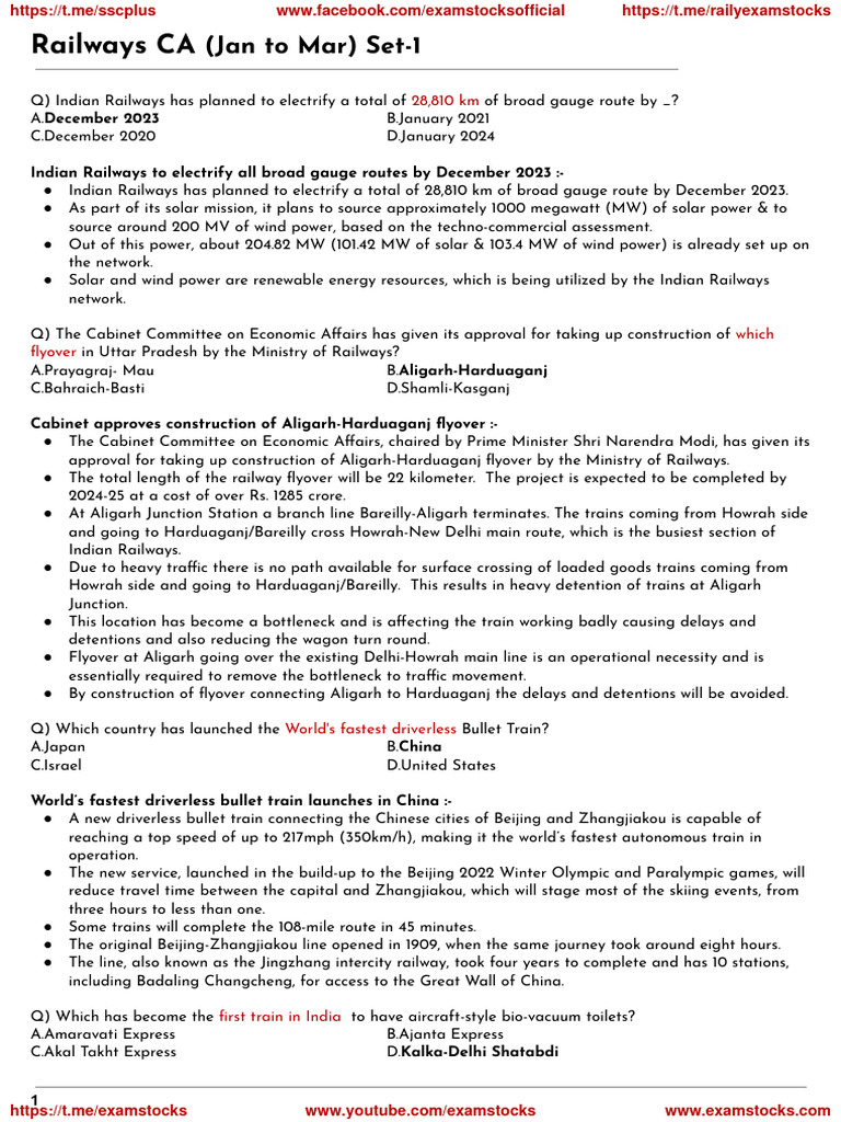 Railway Special Current Affairs 2020 PDF | PDF | Rail Transport