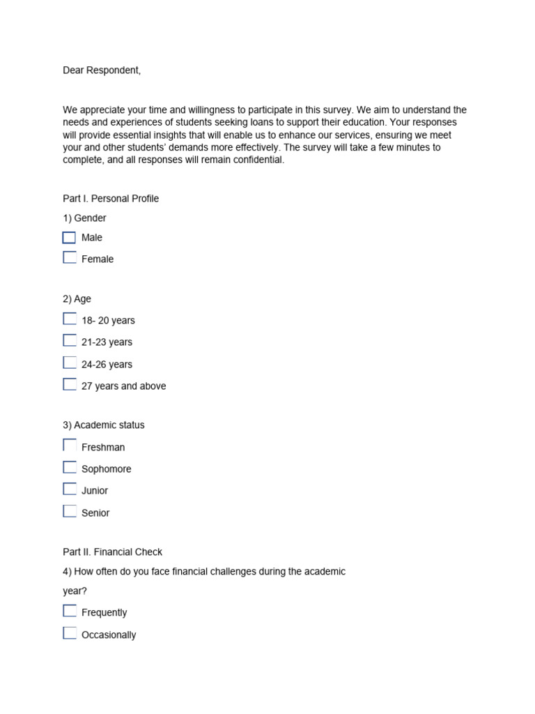 SURVEY QUESTIONNAIRE | PDF | Loans | Credit