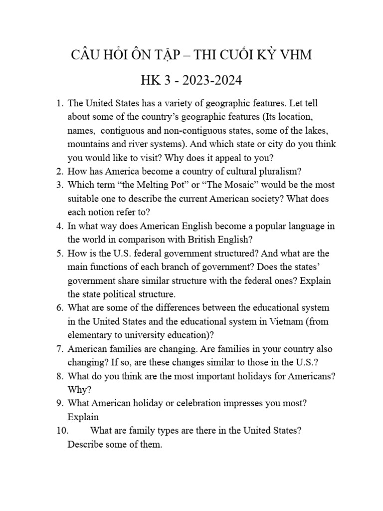 CÂU HỎI ÔN TẬP VHM HK3 | PDF