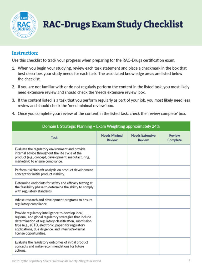 RAC-Drugs Exam Study Checklist Guide | PDF | Regulatory Compliance ...