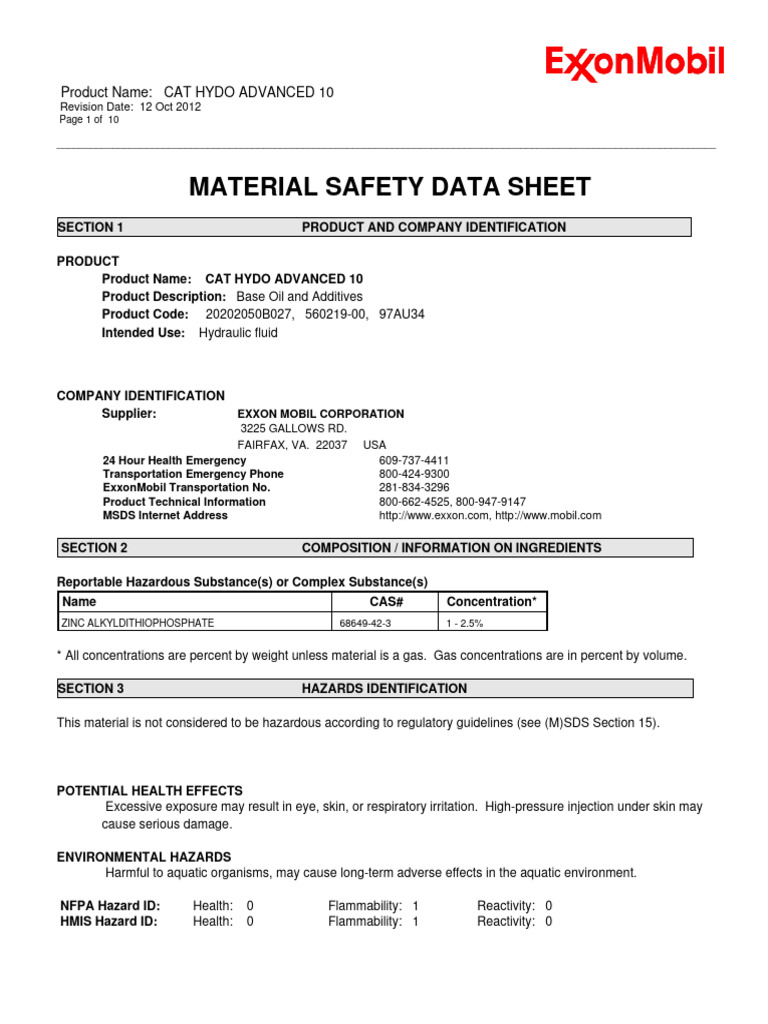 Msds Cat Hydo Advanced 10 | Download Free PDF | Firefighting | Personal ...