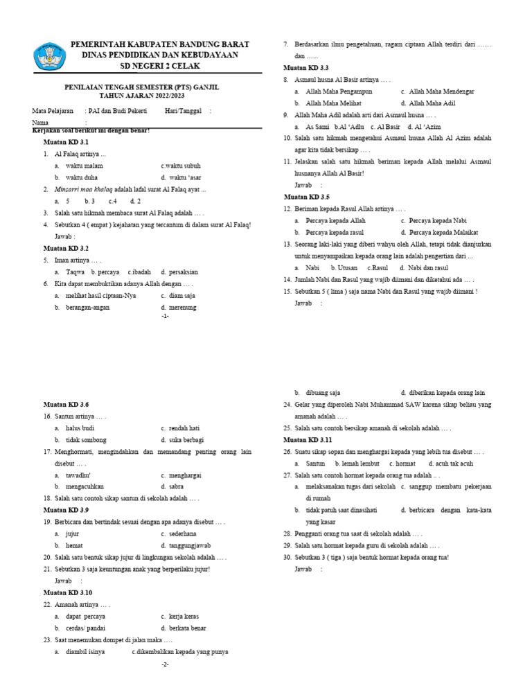 Soal PTS PAIBP Kelas 4 SDN | PDF