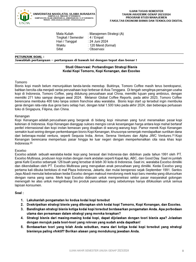 Soal Uas Manajemen Strategik 4a - 2023 - 2024 | PDF