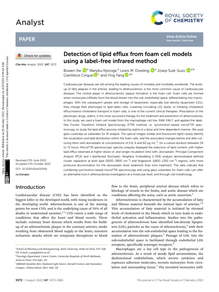 Detection of Lipid Efflux From Foam Cell Modelsusing A Label-Free ...
