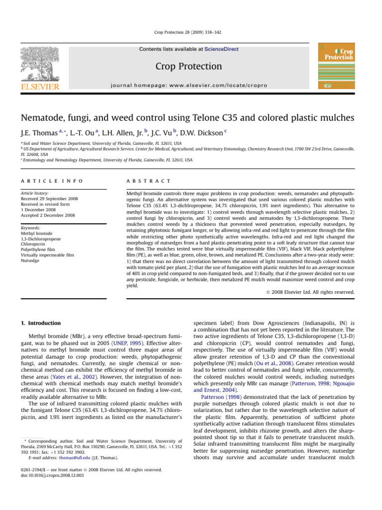 Nematode, Fungi, and Weed Control Using Telone C35 and Colored Plastic Mulches | PDF | Mulch | Weed