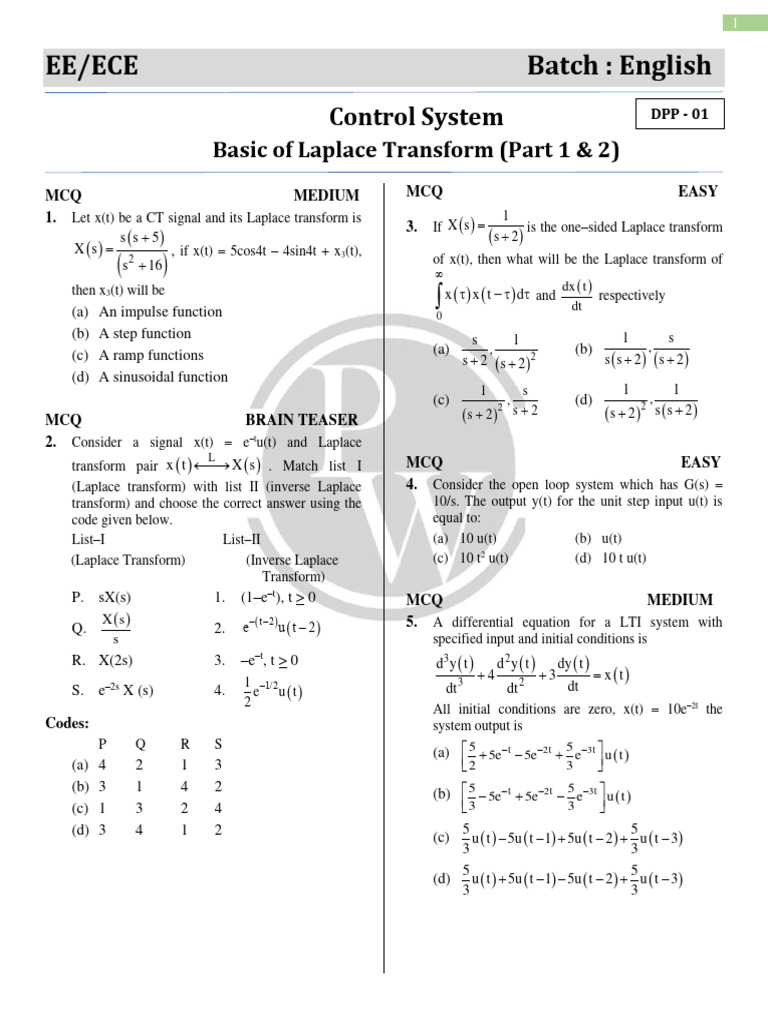 Laplace Transform MCQs for Control Systems | PDF | Algorithms ...
