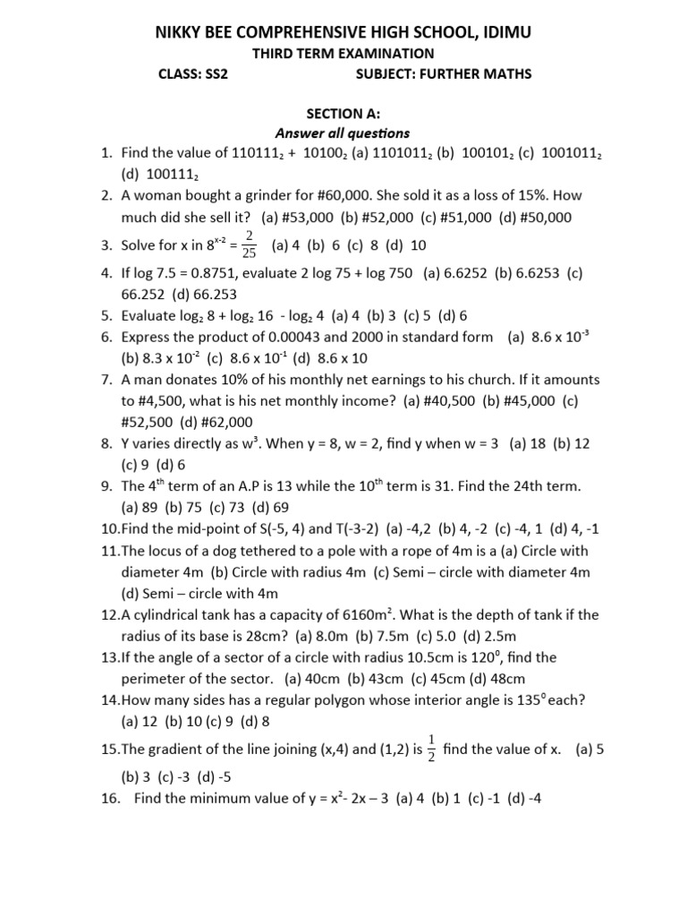 JUNE 2023 SS2 FUR.MATHS | PDF | Radius | Euclidean Geometry