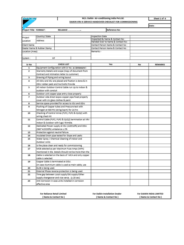 R0 Daikin VRF System Service Commissioning | PDF | Building Materials ...