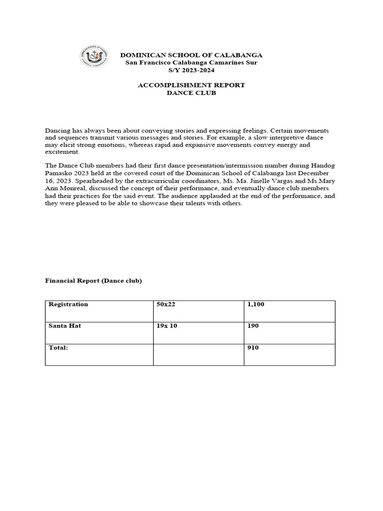 Accomplishment-Report-Dance - Club | PDF