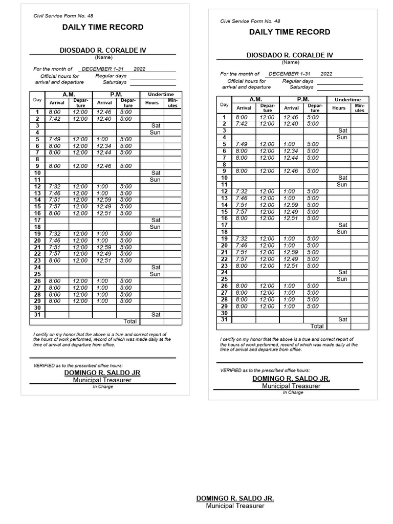 Daily Time Record for December 2022 | PDF | Common Law | Judiciaries