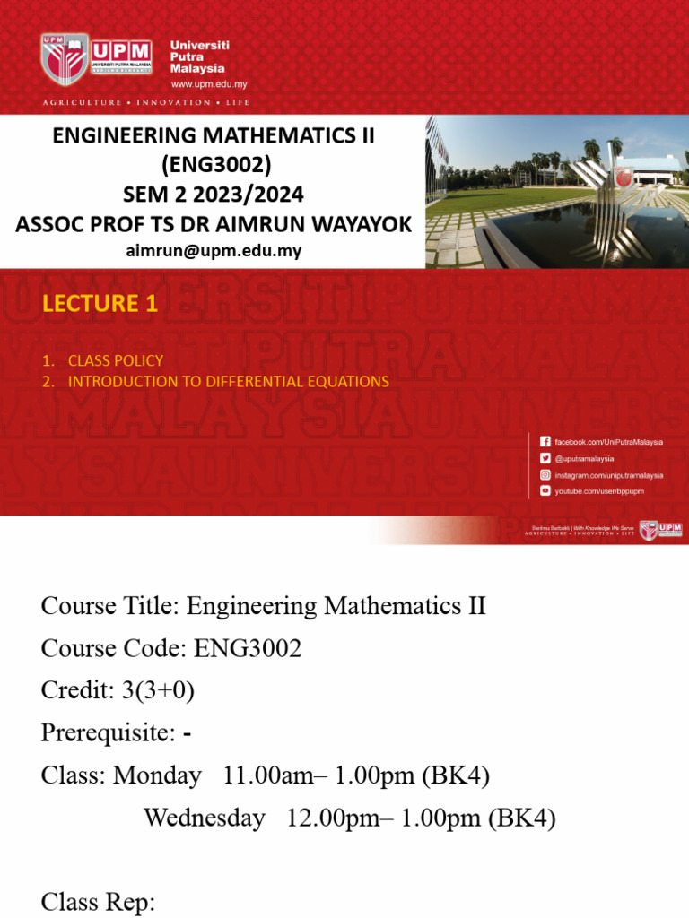 Lecture 1 Introduction To Math Class and Differential Equation | PDF | Mathematics | Engineering