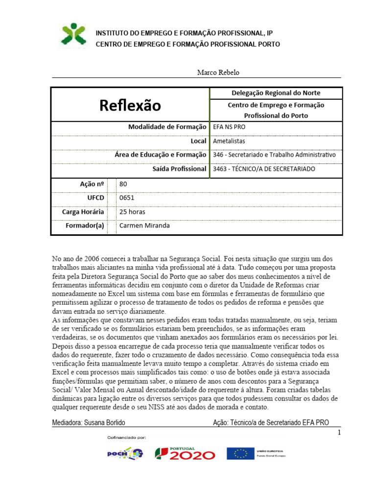 REFLEXÃO UFCD 0651 - Marco Rebelo | PDF | Desenvolvimento profissional