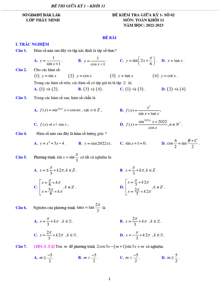 Đề BAI KT GK 1 Lớp 11 So 02docx | PDF