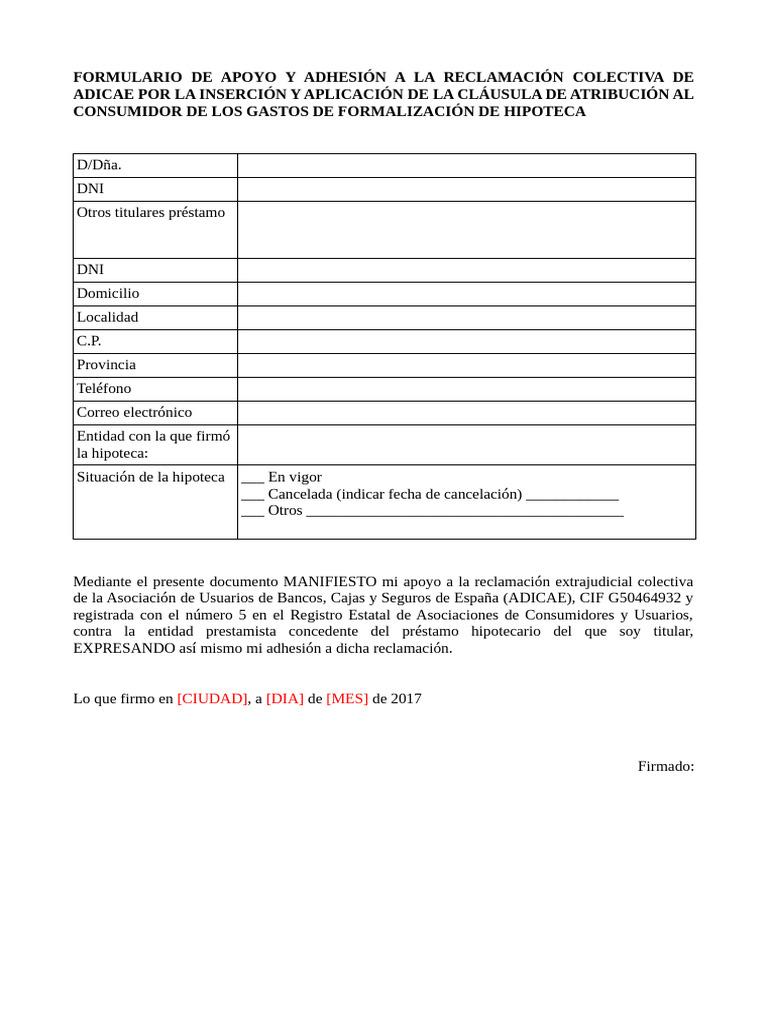 Formulario Adhesion A Accion Colectiva ADICAE | PDF