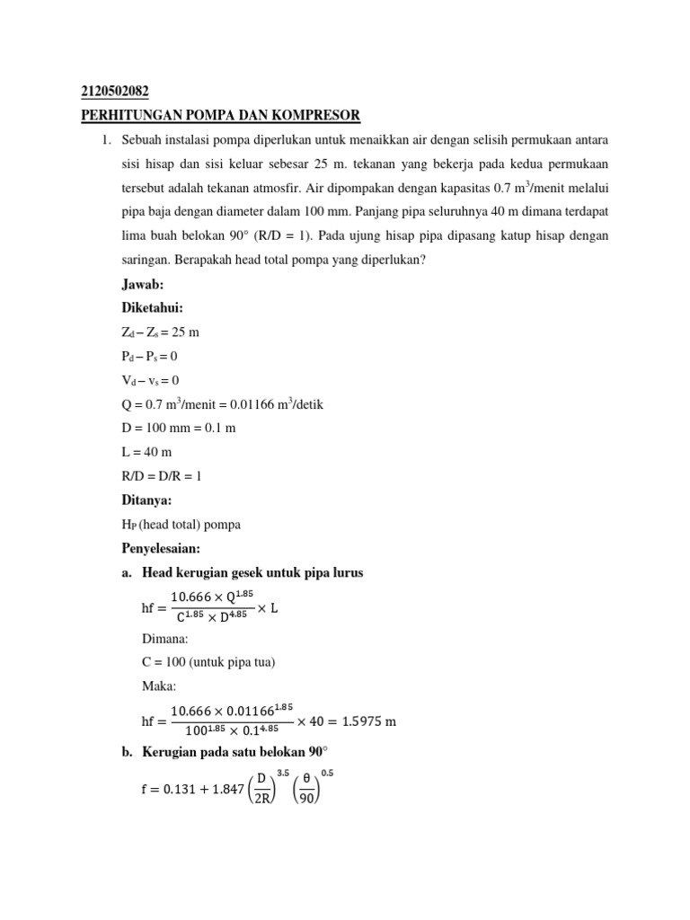 Perhitungan Head Total Pompa dan NPSH | PDF