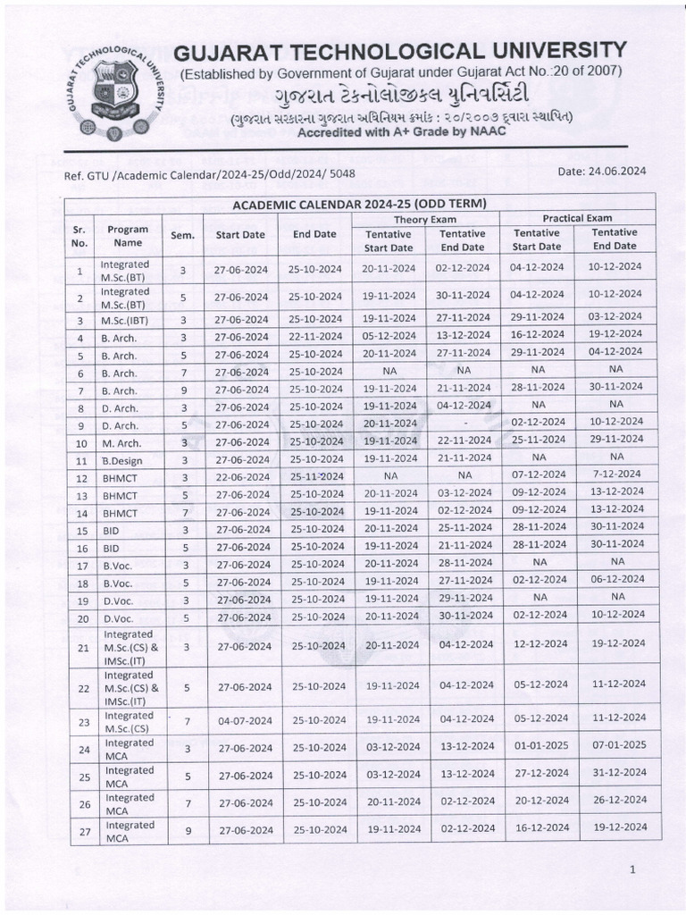 GTU Academic Calendar Odd Term A.Y. 2024-25 - 815651 | PDF | Vocational Education | Qualifications