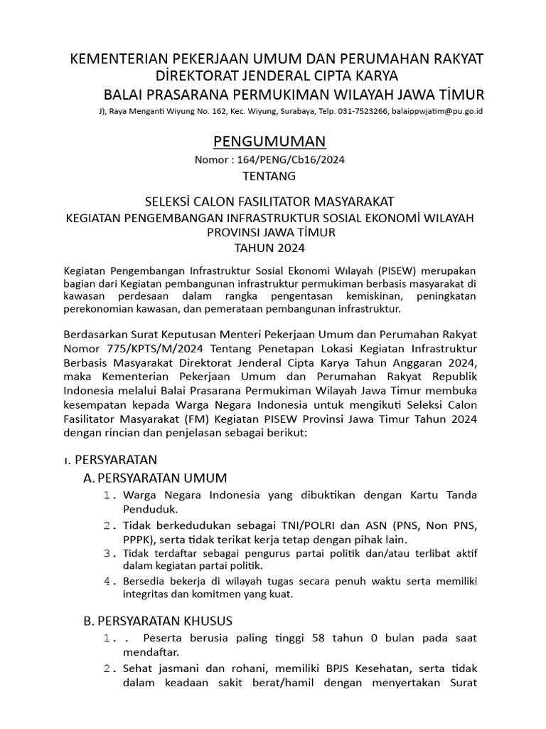 Pengumumam Awal Rekrutmen FM PISEW 2024 Edit | PDF | Pengelolaan Keuangan & Uang
