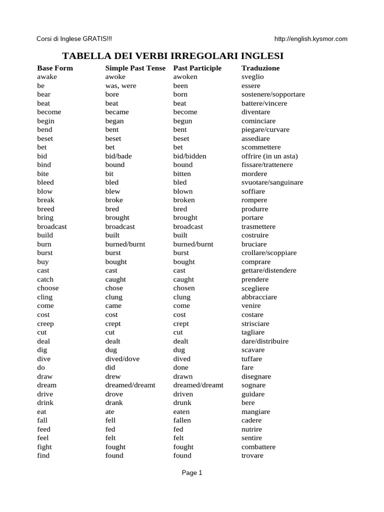 Verbi Irregolari Inglesi | PDF | Language Arts & Discipline