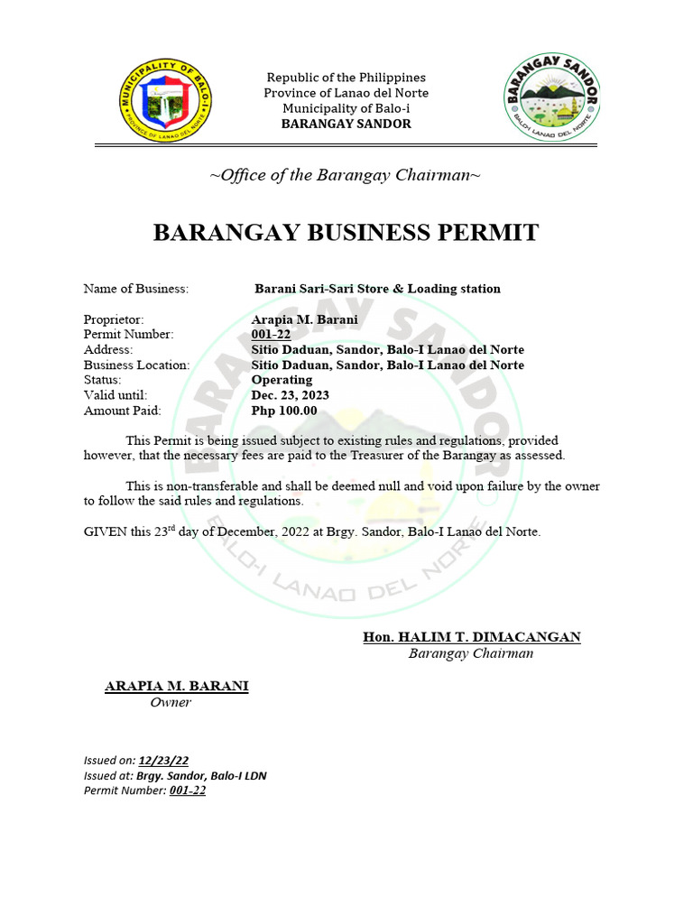 Barangay Business Permit for Barani Store | PDF | Law
