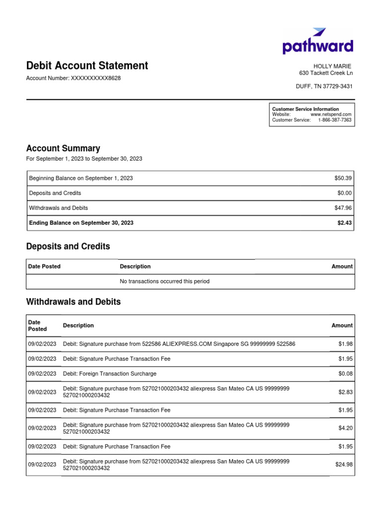 Debit Account Statement | PDF | Debit Card | Fee